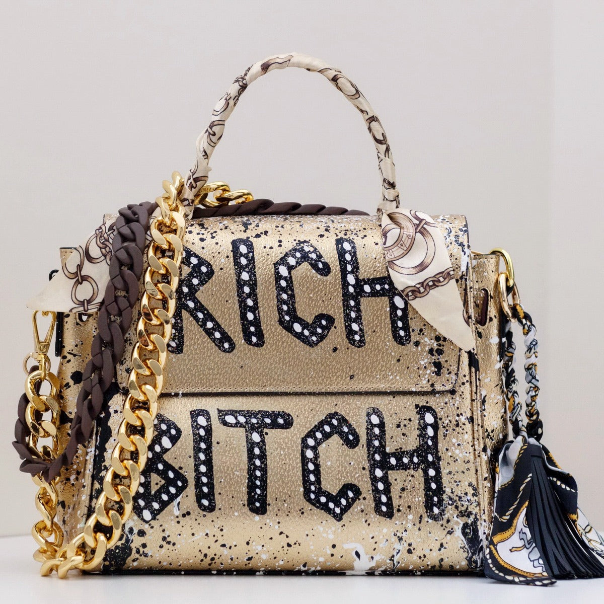 Hand-Painted Leather Bag Anca Barbu Vicky, Rich Bitch, Metallic